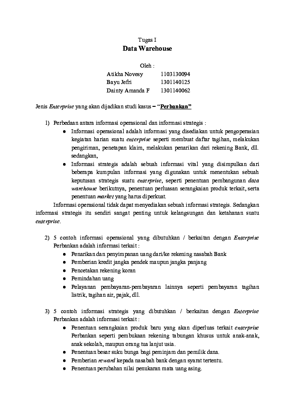 (PDF) Tugas I Data Warehouse