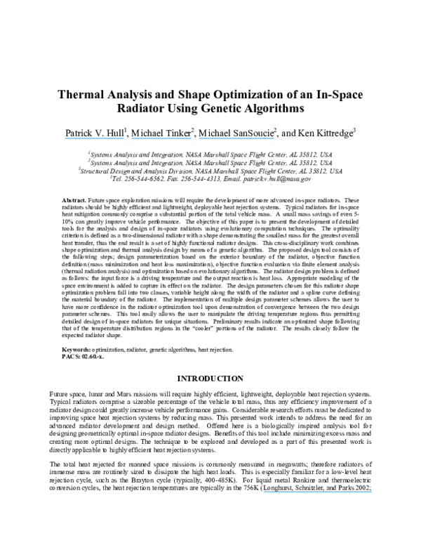 Pdf Thermal Analysis And Shape Optimization Of An In Space Radiator Using Genetic Algorithms