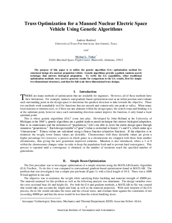 Pdf Truss Optimization For A Manned Nuclear Electric Space Vehicle Using Genetic Algorithms