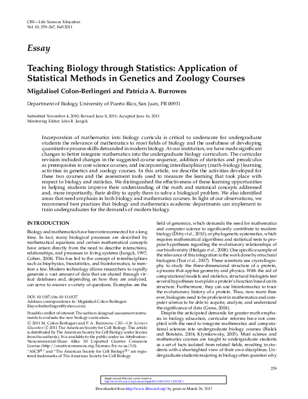 Pdf Teaching Biology Through Statistics Application Of Statistical Methods In Genetics And