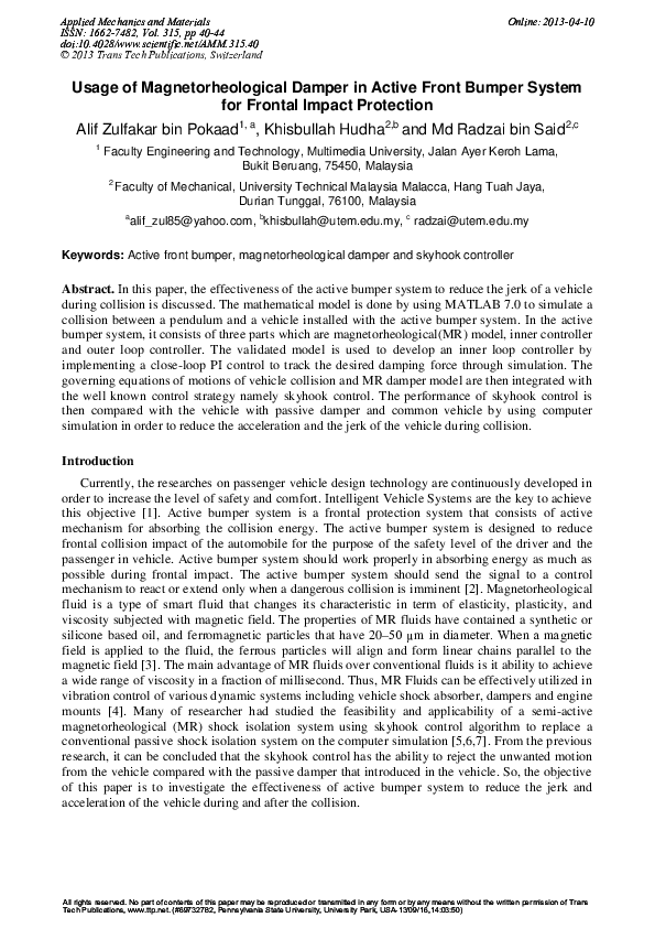 (PDF) Usage of Magnetorheological Damper in Active Front Bumper System ...