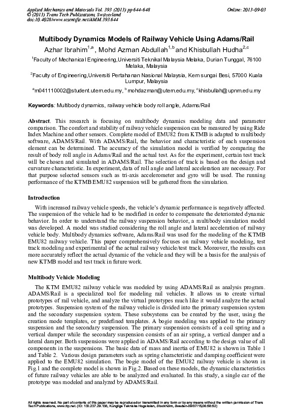 (PDF) Multibody Dynamics Models of Railway Vehicle Using Adams/Rail