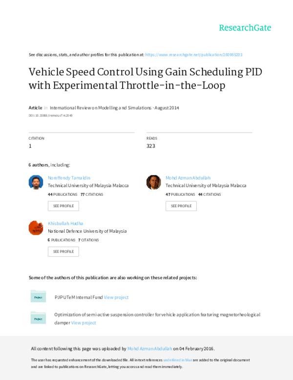 Pdf Vehicle Speed Control Using Gain Scheduling Pid With Experimental Throttle In The Loop