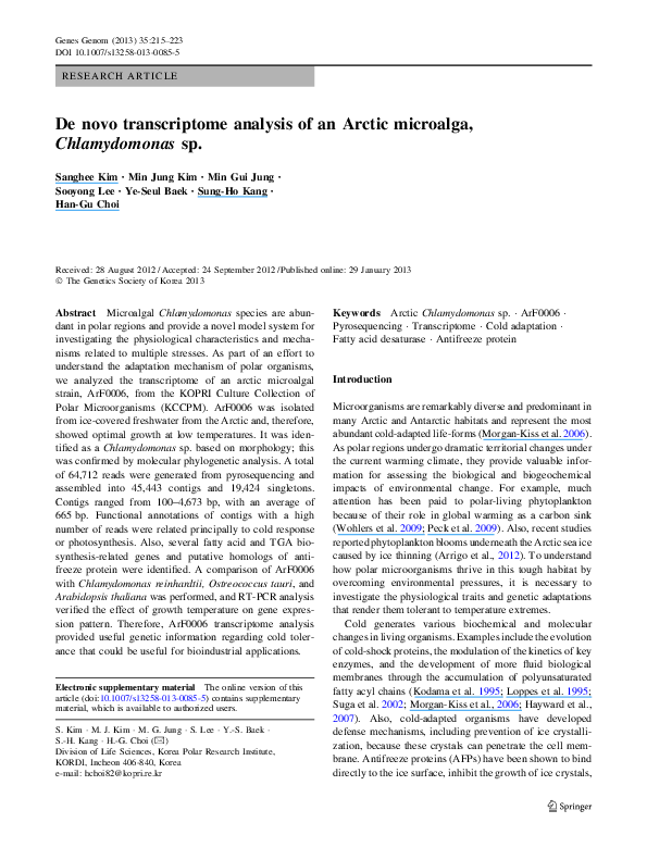 (PDF) De novo transcriptome analysis of an Arctic microalga ...