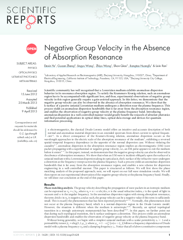 (PDF) Negative group velocity in the absence of absorption resonance