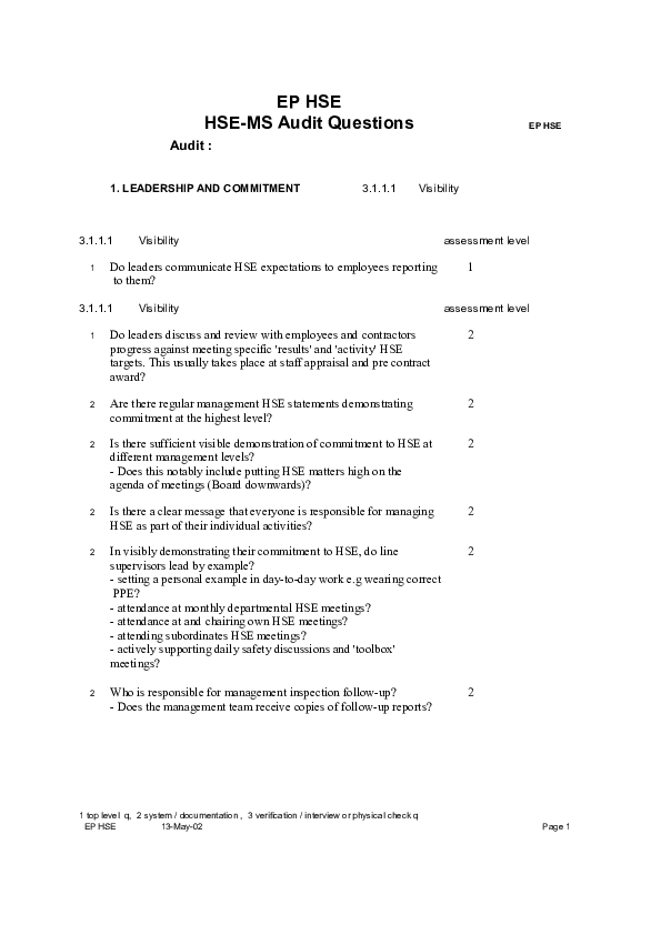 (DOC) EP HSE HSE-MS Audit Questions Audit