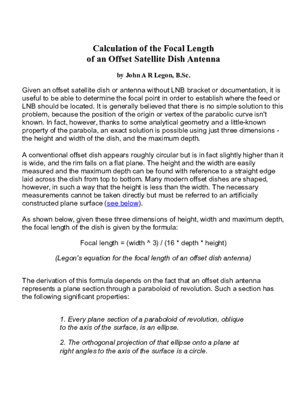(DOC) Calculation of the Focal Length of an Offset Satellite Dish Antenna