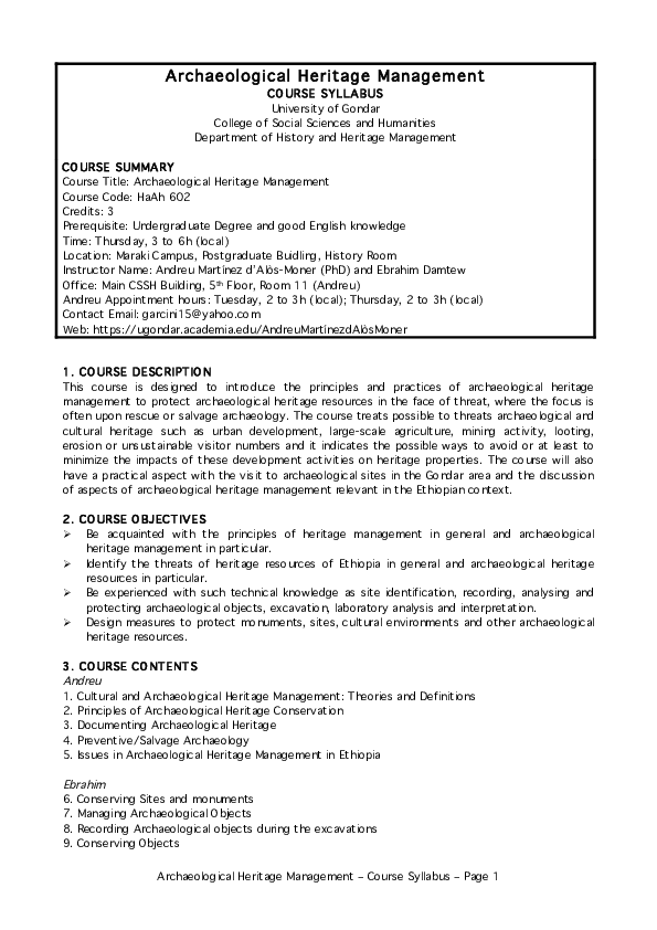 (PDF) Archaeological Heritage Management – Course Syllabus