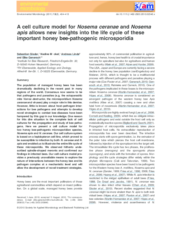 (PDF) A cell culture model for Nosema ceranae and Nosema apis allows ...