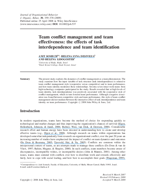 (PDF) Team conflict management and team effectiveness: the effects of task interdependence and ...