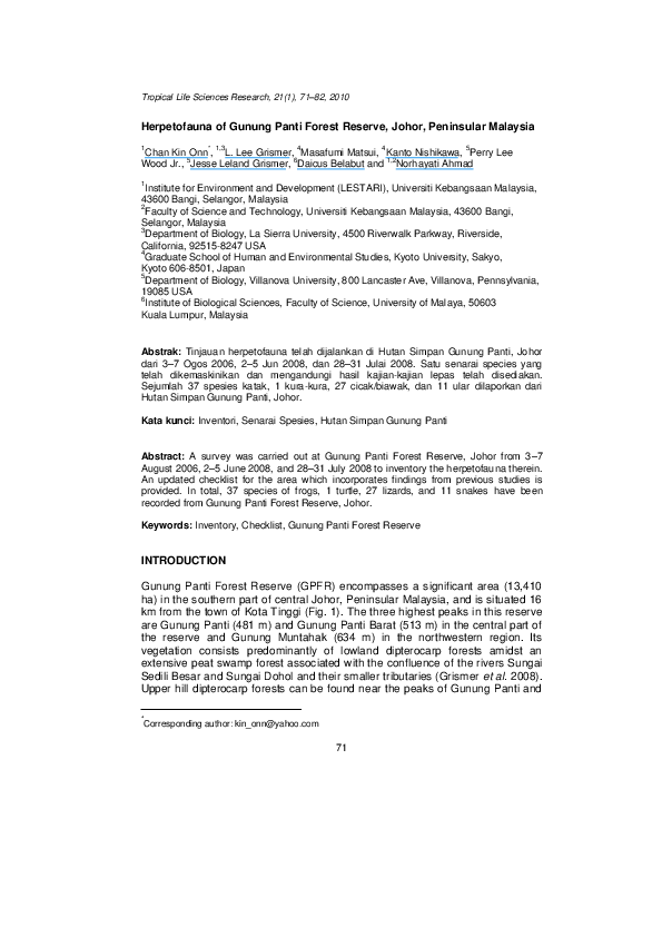 (PDF) Herpetofauna of gunung panti forest reserve, johor, peninsular malaysia