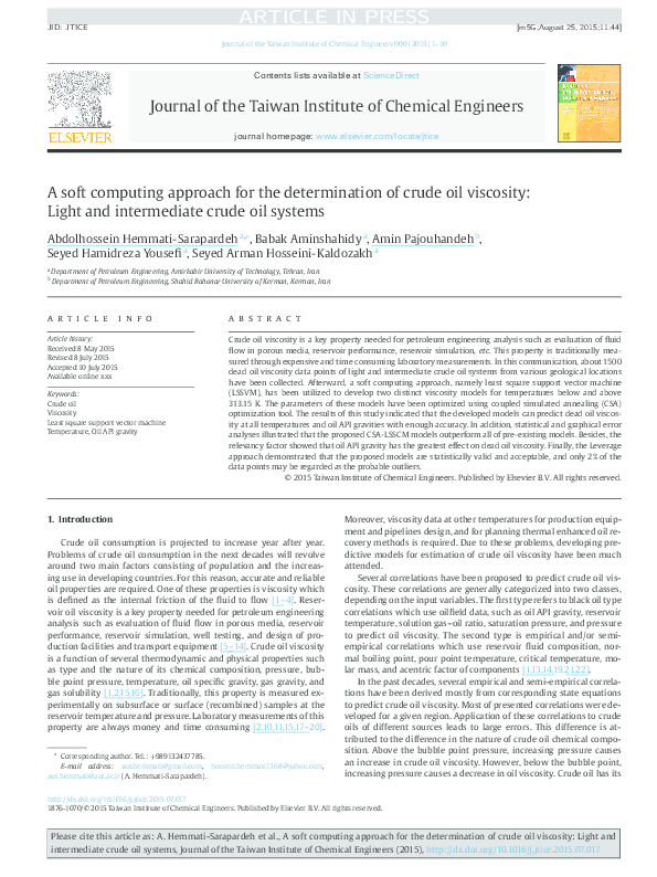Pdf A Soft Computing Approach For The Determination Of Crude Oil Viscosity Light And 