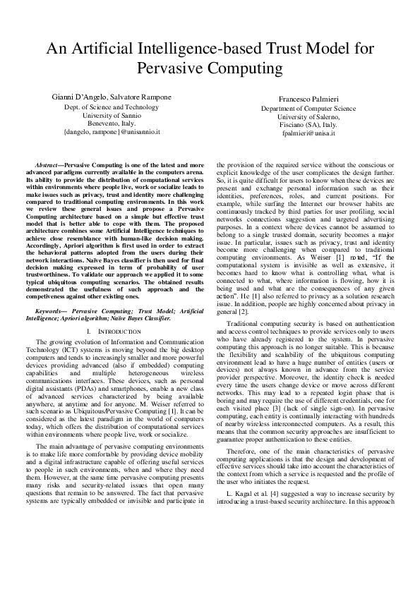 Pdf An Artificial Intelligence Based Trust Model For Pervasive Computing