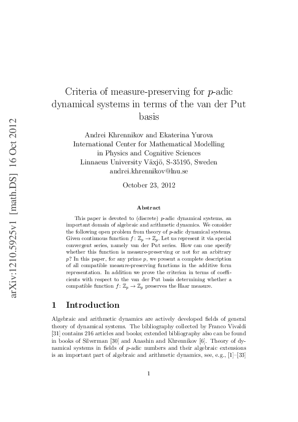 (PDF) Criteria of measure-preserving for p-adic dynamical systems in terms of the van der Put ...