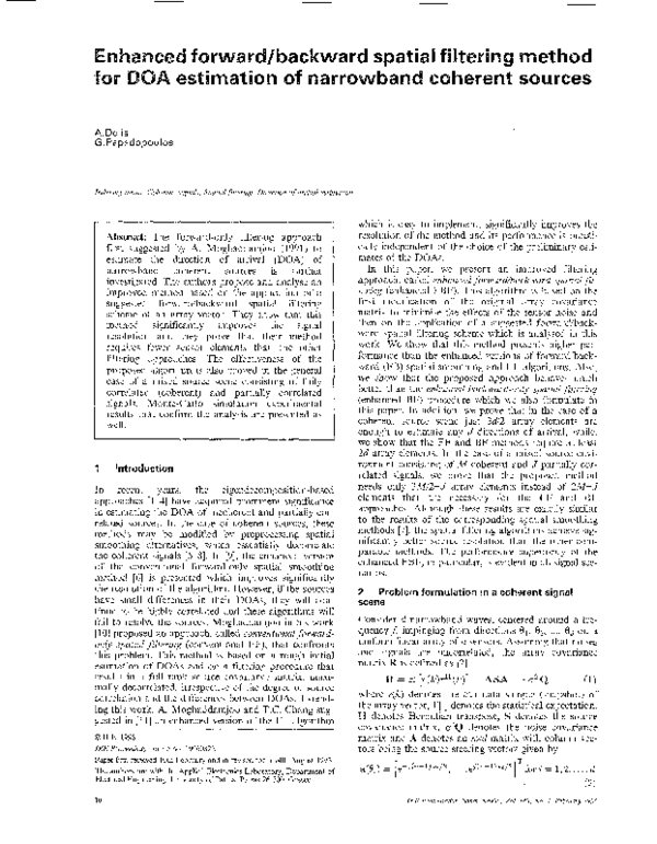 Pdf Enhanced Forwardbackward Spatial Filtering Method For Doa Estimation Of Narrowband
