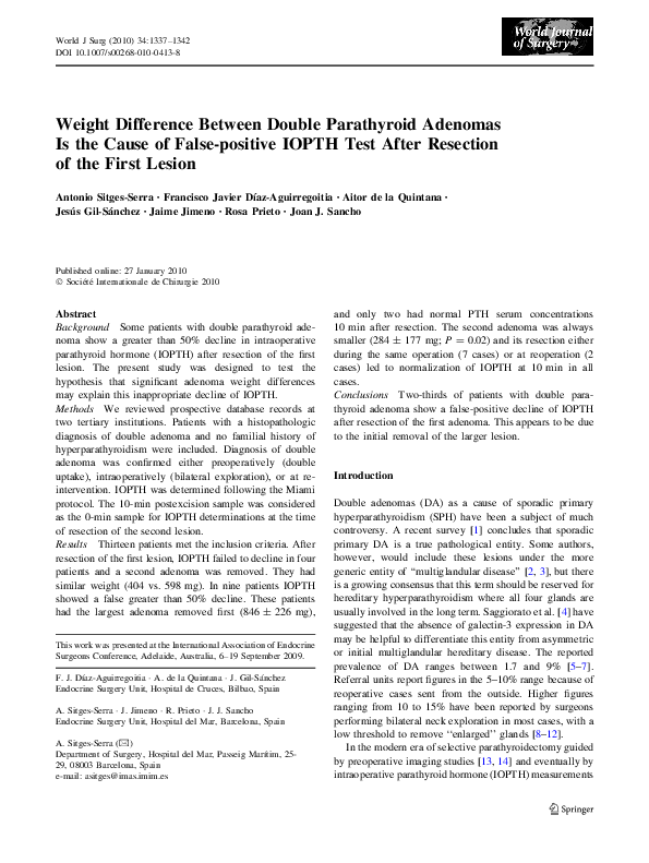 (PDF) Weight Difference Between Double Parathyroid Adenomas Is the ...