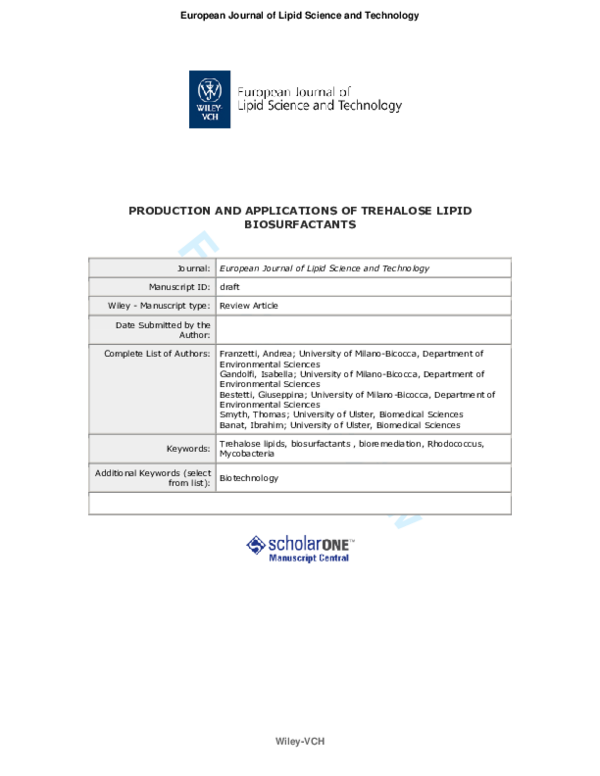 (PDF) Production and applications of trehalose lipid biosurfactants