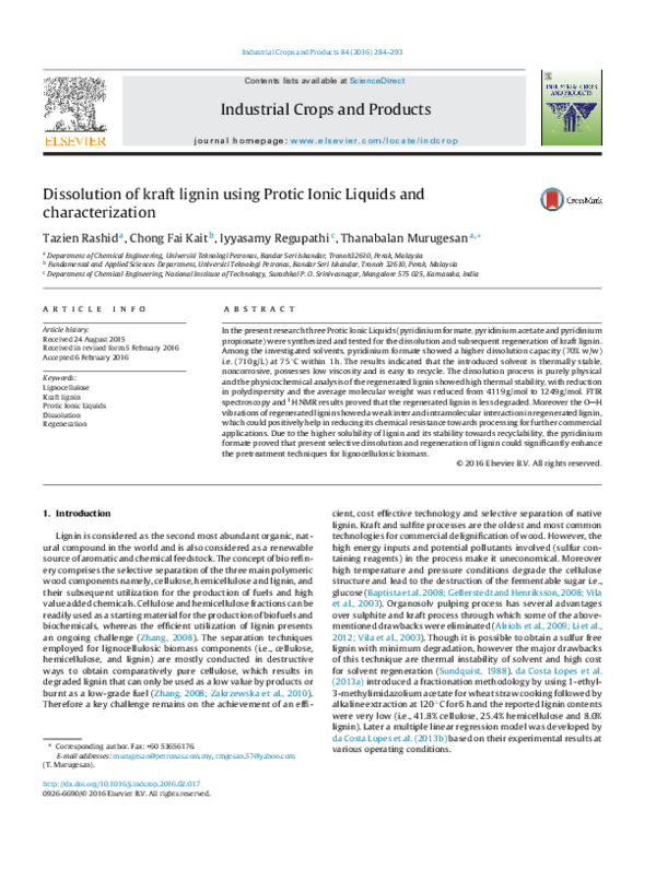 (PDF) Dissolution of kraft lignin using Protic Ionic Liquids and characterization