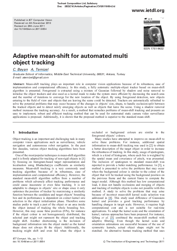 (PDF) Adaptive mean-shift for automated multi object tracking | Cigdem Beyan - Academia.edu