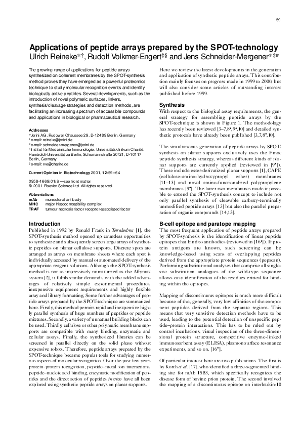 (PDF) Applications of peptide arrays prepared by the SPOT-technology