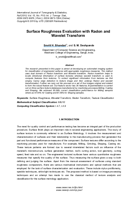 Pdf Surface Roughness Evaluation With Radon And Wavelet Transform