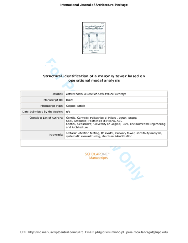 Pdf Structural Identification Of A Masonry Tower Based On Operational