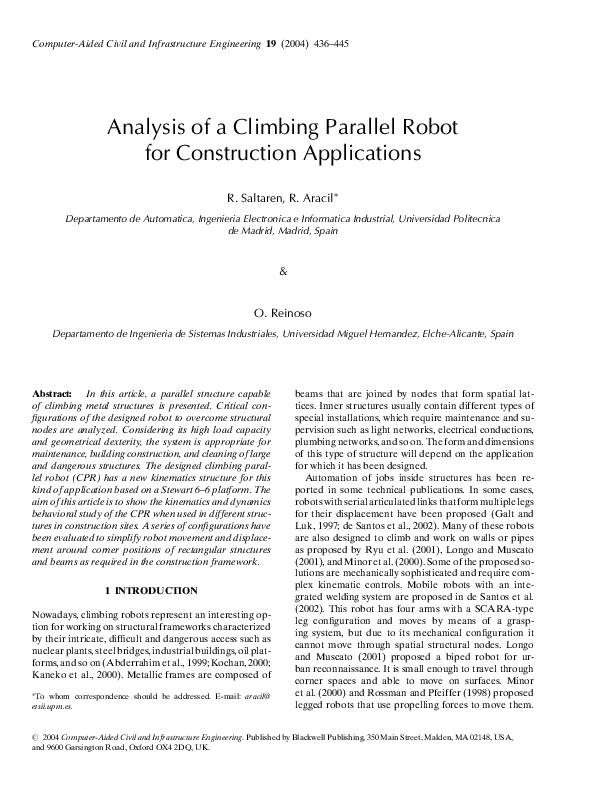 (PDF) Analysis of a Climbing Parallel Robot for Construction Applications