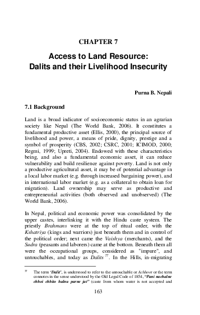 (PDF) Access to Land Resource: Dalits and their Livelihood Insecurity