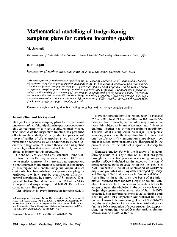 (PDF) Mathematical modelling of Dodge-Romig sampling plans for random incoming quality