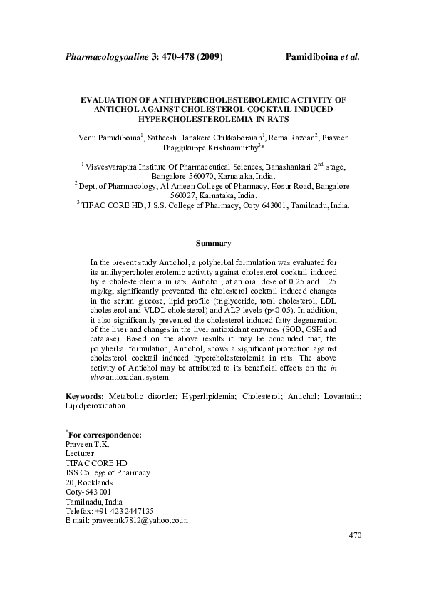 (PDF) EVALUATION OF ANTIHYPERCHOLESTEROLEMIC ACTIVITY OF ANTICHOL ...
