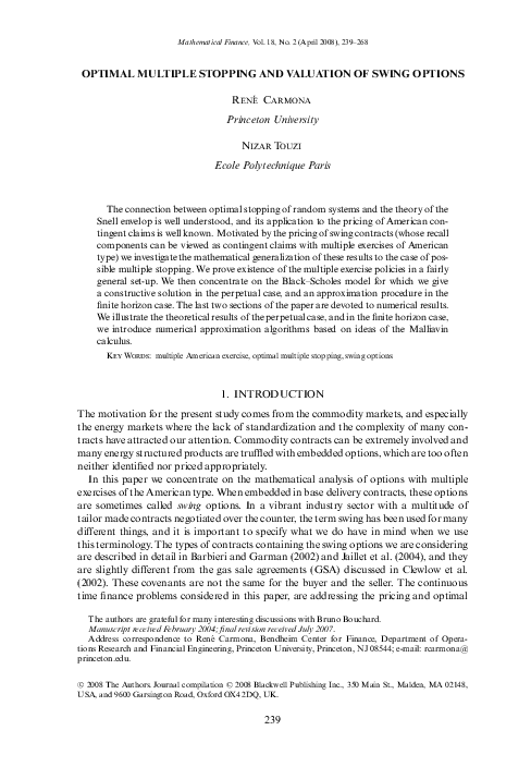 (PDF) OPTIMAL MULTIPLE STOPPING AND VALUATION OF SWING OPTIONS
