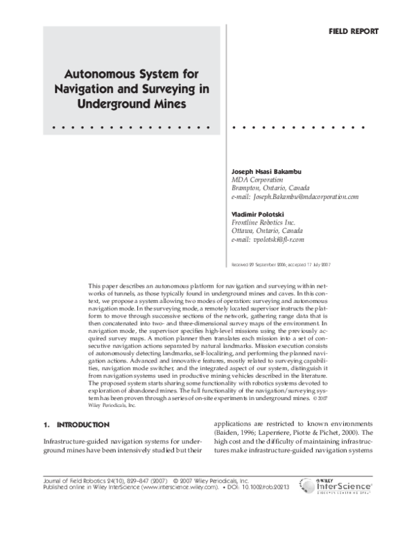 (PDF) Autonomous system for navigation and surveying in underground mines