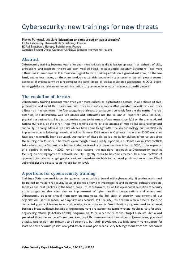 (PDF) Cybersecurity: new trainings for new threats Pierre Parrend ...