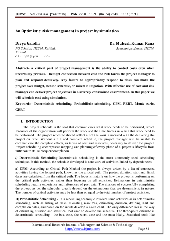 (PDF) An Optimistic Risk management in project by simulation