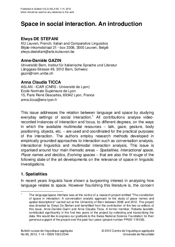 (PDF) Space in social interaction. An introduction