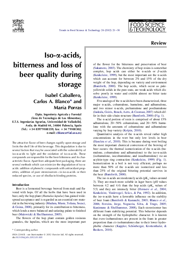 (PDF) Iso-α-acids, bitterness and loss of beer quality during storage
