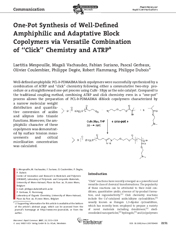 (PDF) One-Pot Synthesis of Well-Defined Amphiphilic and Adaptative Block Copolymers via ...
