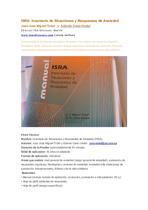 (PDF) Inventario de situaciones y respuestas de ansiedad (ISRA): Manual. / Inventory of ...