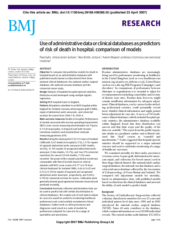 (PDF) Use of administrative data or clinical databases as predictors of ...