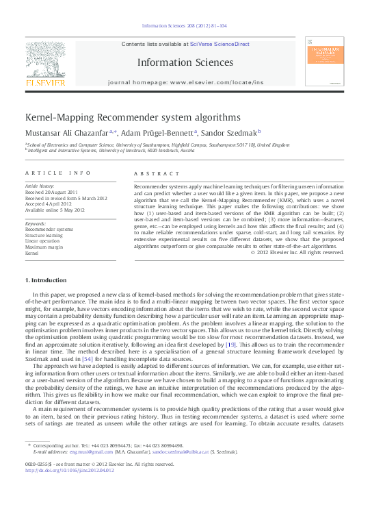 (PDF) Kernel-Mapping Recommender system algorithms (PDF) Kernel-Mapping Recommender system algorithms