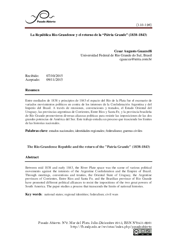(PDF) PA, Vol 1. N° 2 (2015)-La República Rio-Grandense y el retorno de ...