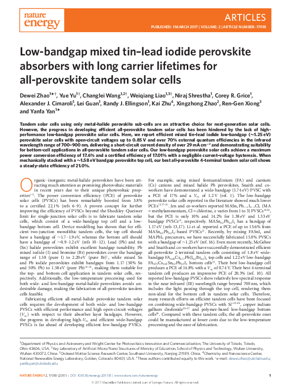 (PDF) Low-bandgap mixed tin–lead iodide perovskite absorbers with long carrier lifetimes for all ...