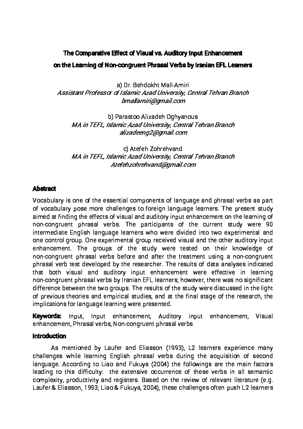 (PDF) The Comparative Effect of Visual vs. Auditory Input Enhancement on the Learning of Non ...