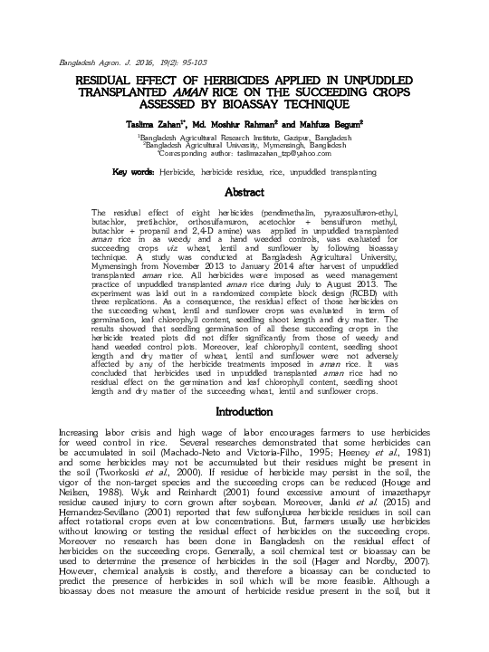 (PDF) RESIDUAL EFFECT OF HERBICIDES APPLIED IN UNPUDDLED TRANSPLANTED ...