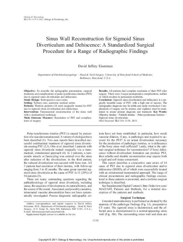 (PDF) Sinus Wall Reconstruction for Sigmoid Sinus Diverticulum and Dehiscence: A Standardized ...