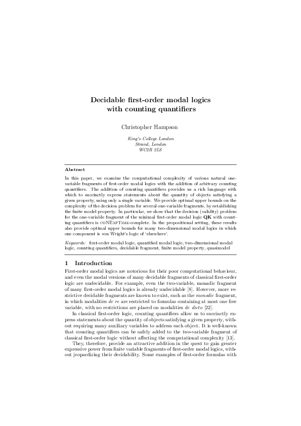 (PDF) Decidable first-order modal logics with counting quantifiers | Christopher Hampson ...