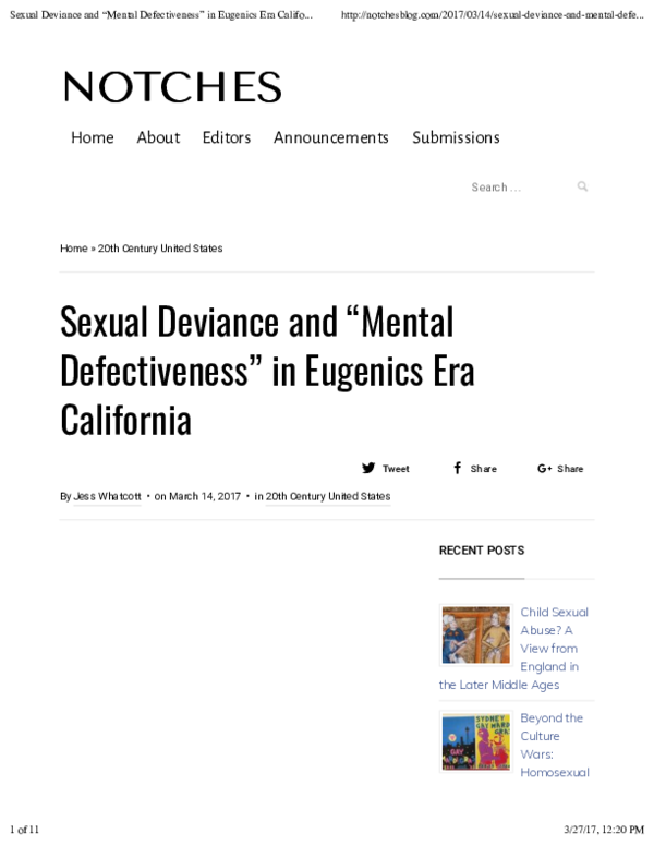 (PDF) Sexual Deviance and “Mental Defectiveness” in Eugenics Era California – NOTCHES