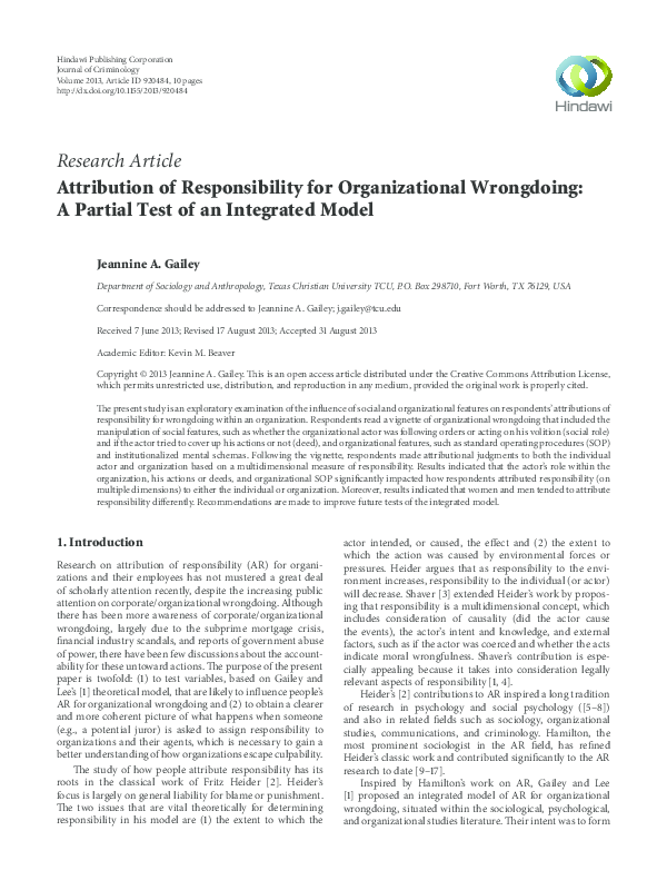 (PDF) Attribution of Responsibility for Organizational Wrongdoing: A ...