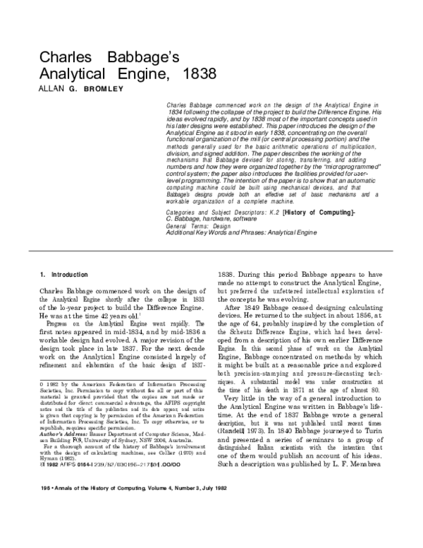 (PDF) Charles Babbage's Analytical Engine, 1838