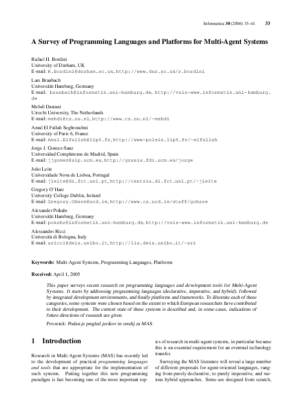 (PDF) A survey of programming languages and platforms for multi-agent ...